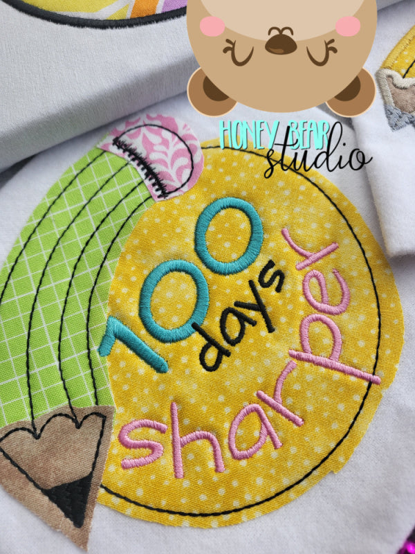 100 Days Sharper School Pencil Applique BIG Set 2 Styles Satin and Raw ...