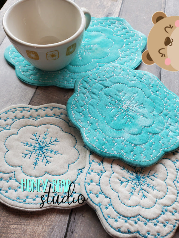 ROUND OVAL Snowflake Scalloped MUG RUG Set 6x10 5x7 Coaster In Hoop ...