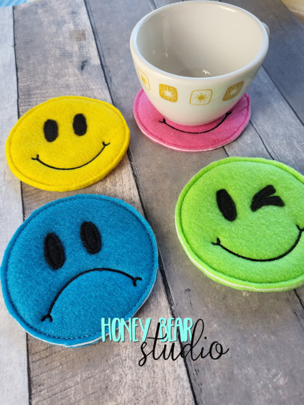 Cute Felt Faces MUG RUG Coaster Set 4x4 5x7 smiles smiley In the hoop ...