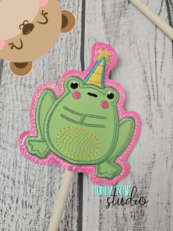 Birthday Frog Hoppy Birthday Applique PLANT STICK SIZE ONLY 4x4 DIGITA ...