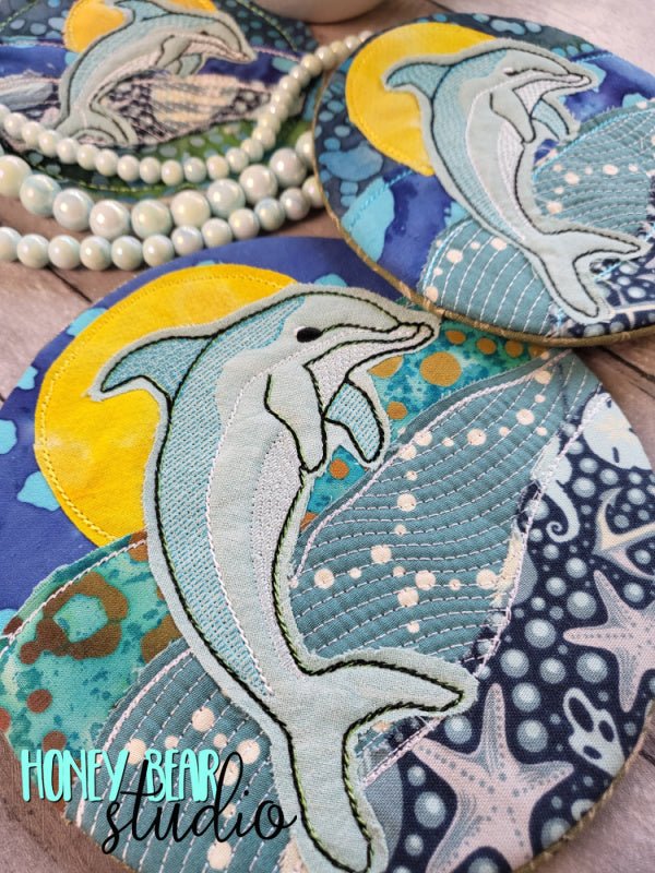 ROUND dolphin 3 size MUG RUG Coaster Set 4x4 5x7 6x10 Coaster Hoop ...