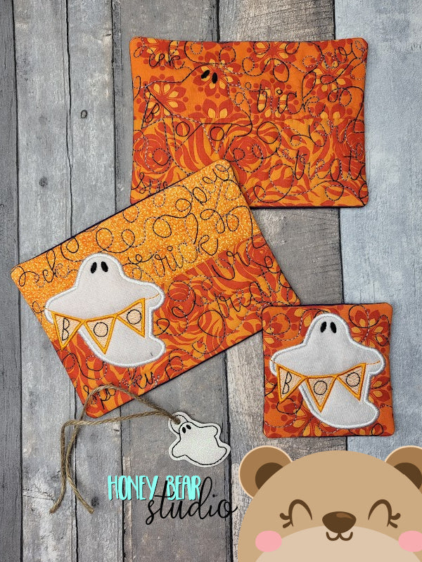 Boo Ghost Quilted cute MUG RUG Coaster Set 4x4 5x7 Coaster In the Hoop ...