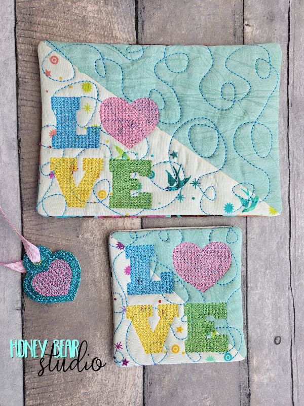 LOVE Quilted Applique MUG RUG Coaster Set 4x4 5x7 Coaster In the Hoop ...