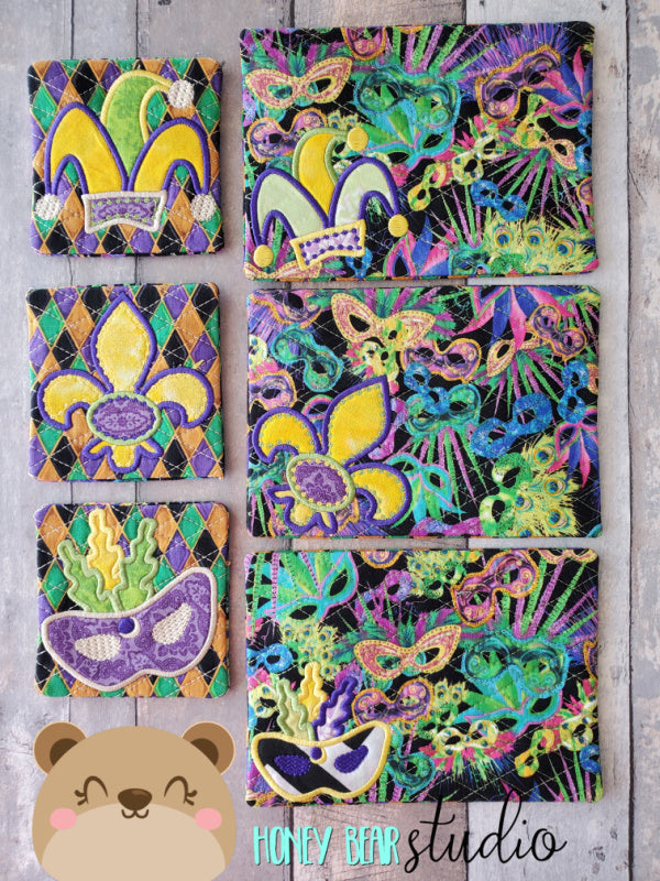 Mardi Gras Applique MUG RUG Set Fleur de Lis Jester Mask Feathers ...